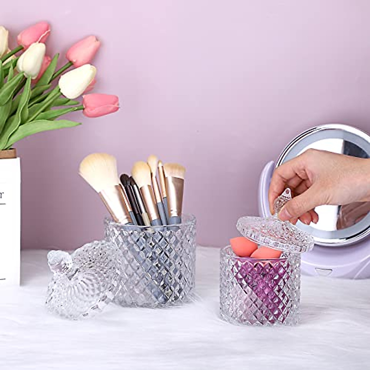 BTSKY Set of 2 Crystal Decorative Jars Glass Qtip Holder with Lids Clear Cotton Swab Holder Apothecary Jar for Bathroom Canisters Classy Candy Dish Decor Jewelry Box for Office Vanity, Large+Small