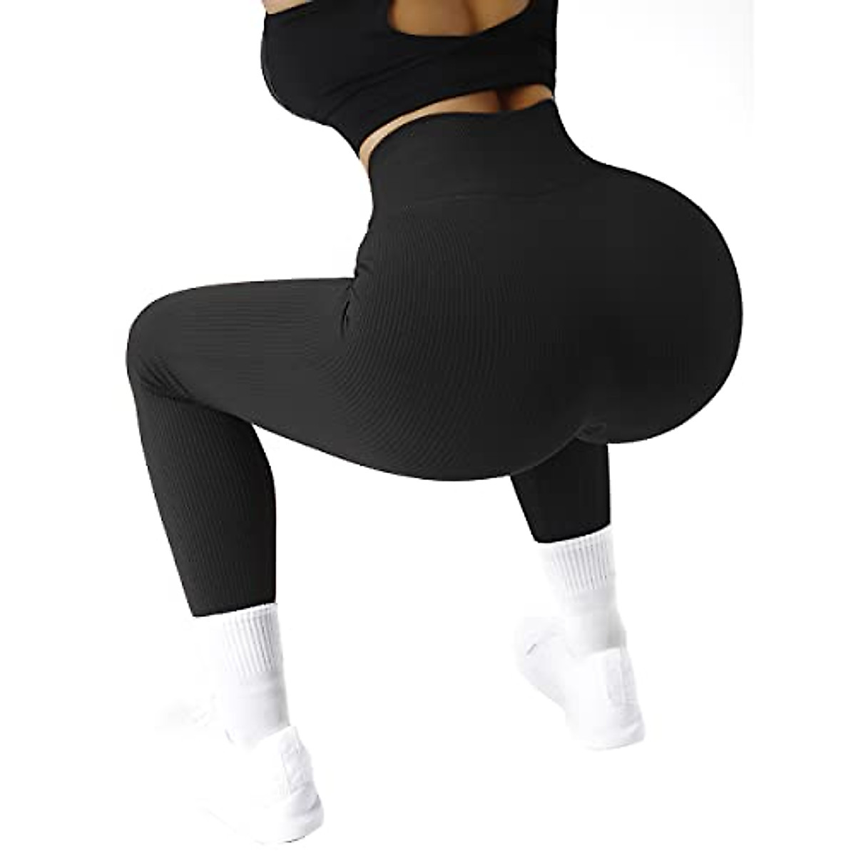 SUUKSESS Women Ribbed Seamless Leggings High Waisted Tummy Control Workout Yoga Pants (Black, L)