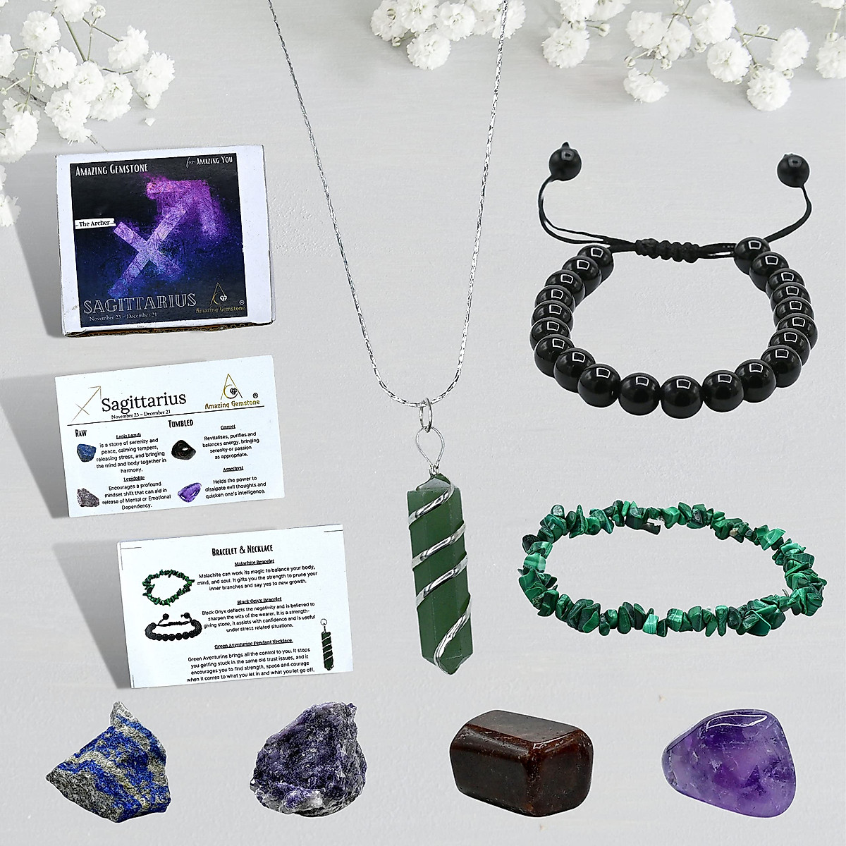 Amazing Gemstone Sagittarius Gifts Crystal Kit for Women Men, Combo Set of Healing Stones, Bracelets and Necklaces Pulseras Para Hombres Mujer Stocking Stuffers (Information Card Included)