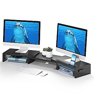 BONTEC Dual Monitor Stand, Adjustable Length & Swivel Angle, Wooden Desktop Organizer, Smartphone Holder, Monitor Riser for 2 Monitors, Desk Stand for Laptop, Printer, Home Office, Black