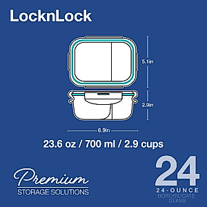 LOCK & LOCK Purely Better Glass Food Storage Container with Lid, Rectangle w/divider, 25 oz - Clear