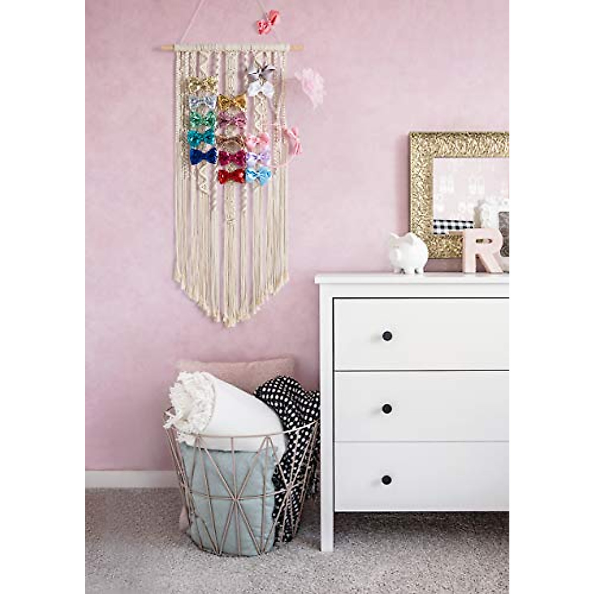 Mkono Macrame Bow Holder Hanging Hair Bow Organizer for Girls Hair Bows,Boho Wall Hair Clips Headband Storage Hanger for Baby Toddler Girls Room, Ivory (Clips and Other Props Not Included)