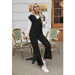 Pink Queen matching sets for women 2 Piece Cap Sleeve Sweater Knit Pullover Top Wide Leg Pants Matching Sets Black S