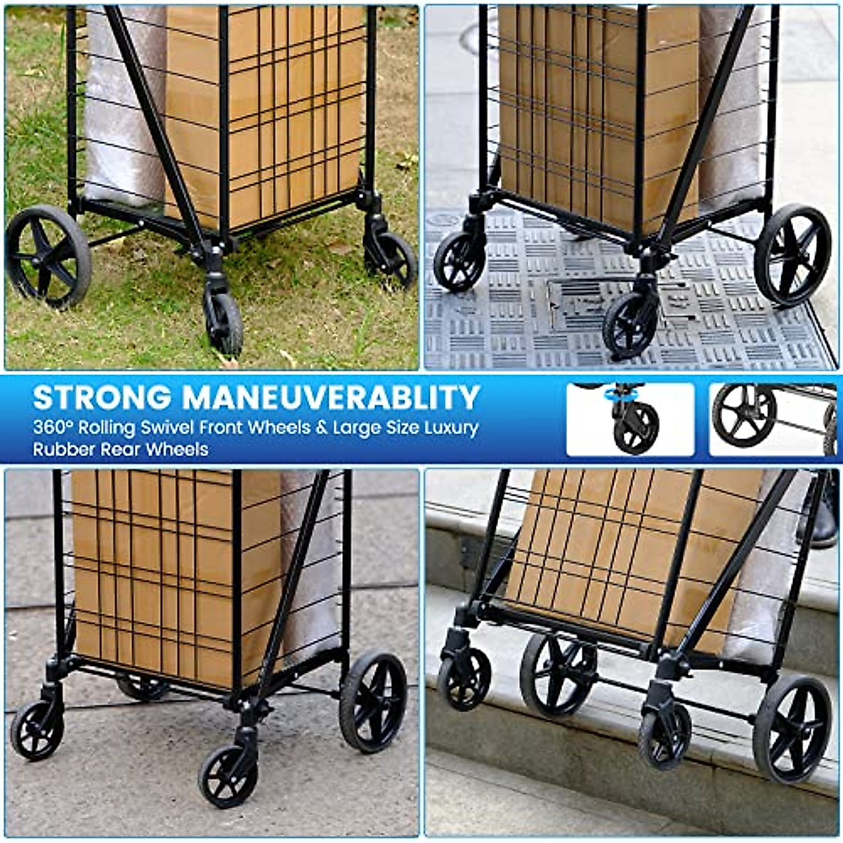 [2024 Upgrade] Shopping Cart for Groceries, 280 lbs Heavy Duty Large Grocery Cart with 360° Swivel Wheels, Waterproof Liner, Portable Foldable Utility Carts for Seniors,Laundry,Transport (Black)