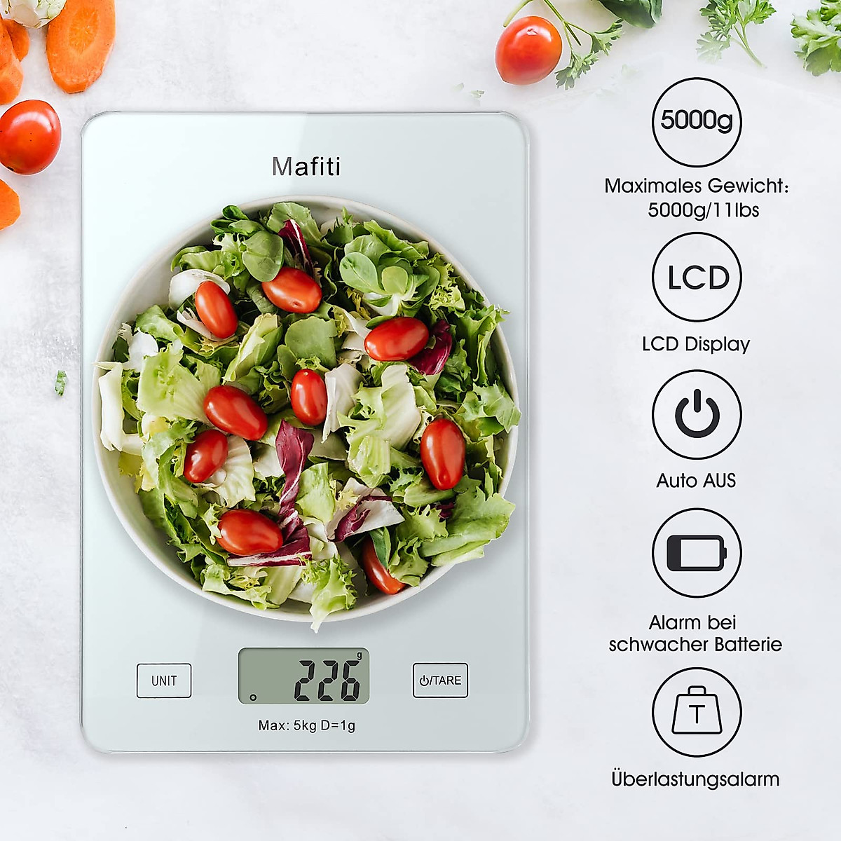 Kitchen Scale, Mafiti Digital Kitchen Scales 11lb/5kgX1g, Multifunction Measures in Kg, g, lb and OZ Digital Kitchen Weight for Food, Cooking and Baking，LCD Display（Silver）