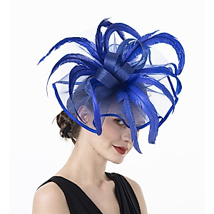 Lucky Leaf Girl Lady Hat Headwear Organza Church Feather Clip Fascinators Hat Wedding Party Kentucky Derby Cap for Women(F-5-Royalblue)
