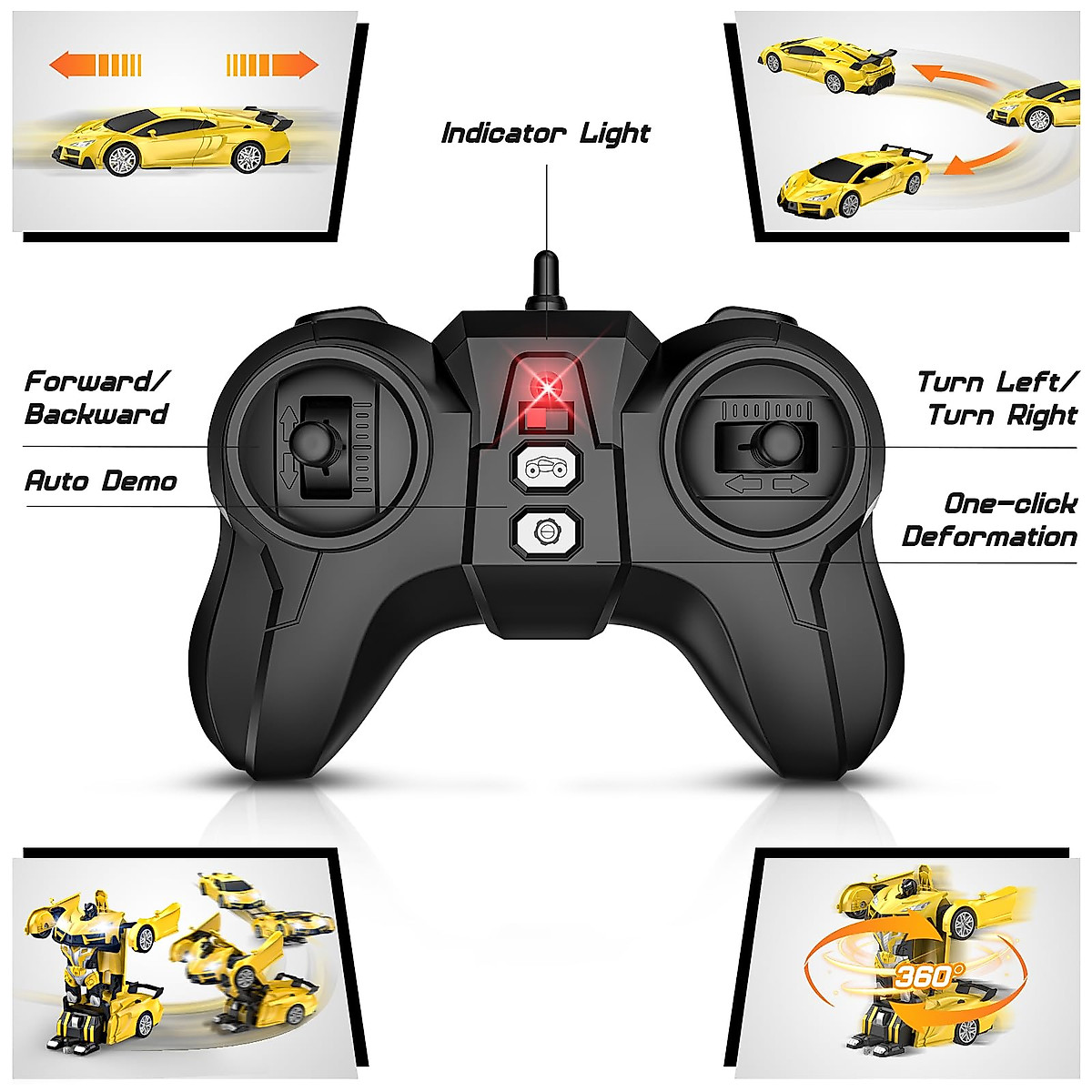 Qumcou Remote Control Car, Transform Robot RC Cars with Cool Headlights, 2.4Ghz kids Toys Car with 360 Degree Rotation and One-Button Deformation, Christmas Birthday Gifts for Boys Girls
