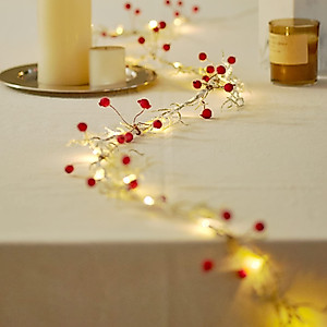 MIYA LIFE Snow Garland with Red Berry White Christmas Garland with Lights Battery Operated - Christmas Garland for Mantle Twig Garland for Christmas Tree Decorations