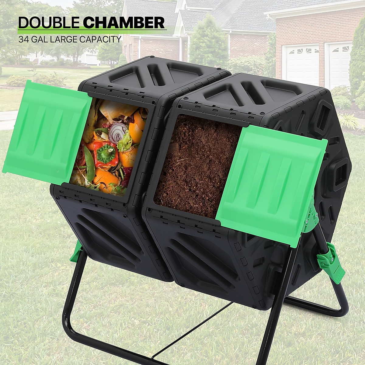 Magshion 2 x 17 Gal Dual Chamber Compost Tumbler from BPA Free Material, Outdoor All-Season Fast-Working High Volume Composter Tumbling Bin, Sliding Doors