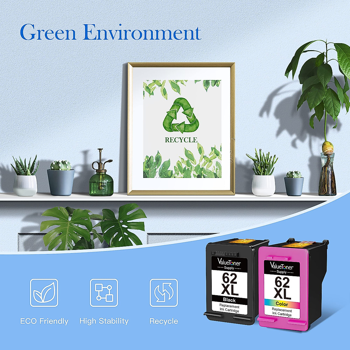 62XL Ink Cartridge Combo Pack Replacement for HP Ink 62 XL Cartridges Compatible with Envy 5540 5660 7640 OfficeJet Mobile 200 250 OfficeJet 5740 8040 Printers (2 Pack: 1 Black, 1 Tri-Color)