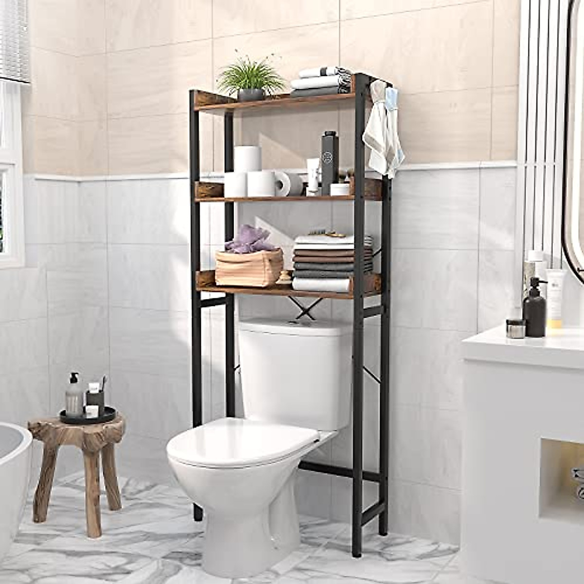 Ecoprsio Over-The-Toilet Storage Rack, 3-Tier Bathroom Organizer Shelf Over Toilet, Freestanding Space Saver Toilet Stands with 4 Hooks, Rustic Brown