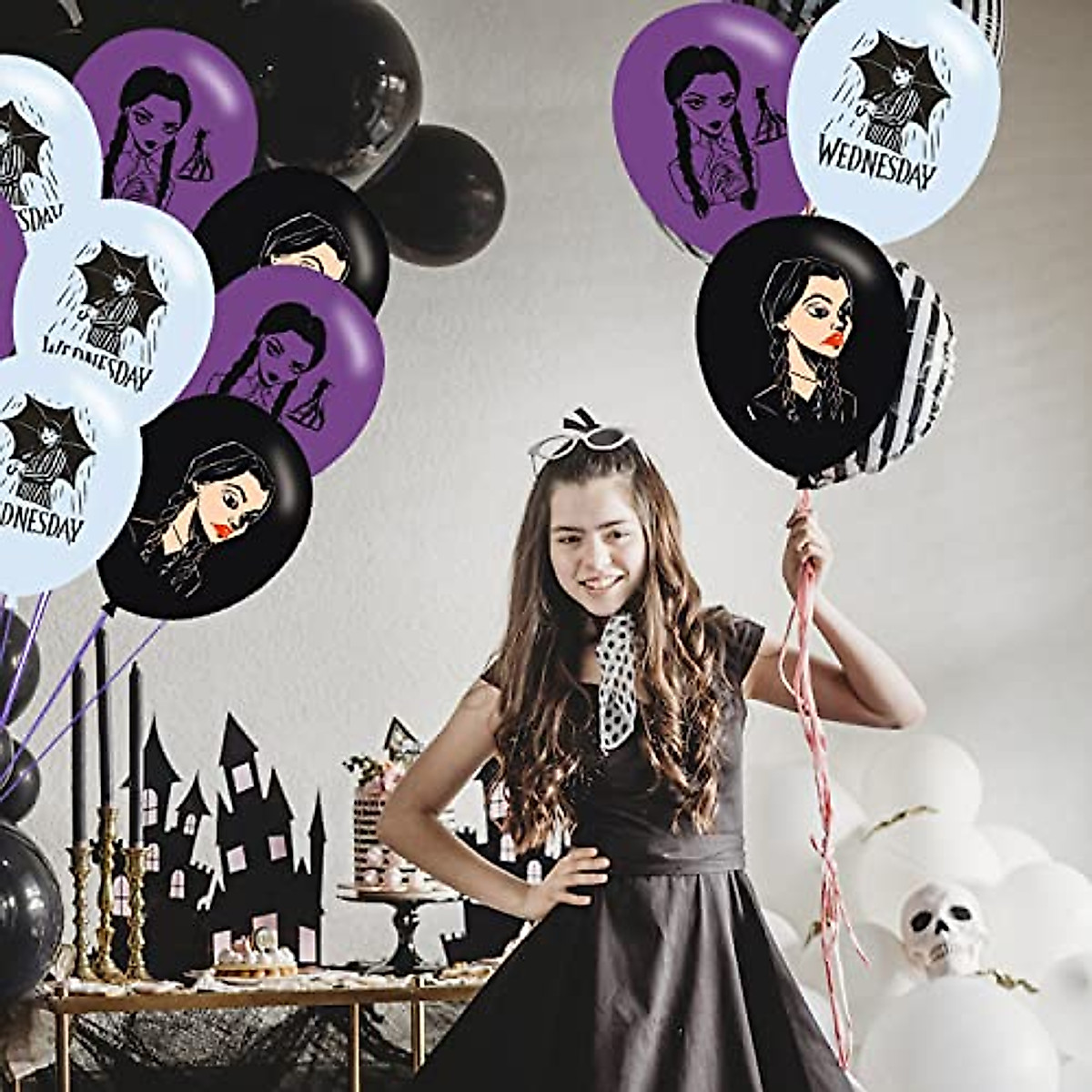 Wednesday Addams Birthday Party Decoration,Wednesday Addams Party Photo Background 5 x 3 FT and 18 Pcs Wednesday Balloon,Wednesday Merch Party Backdrop Supplies