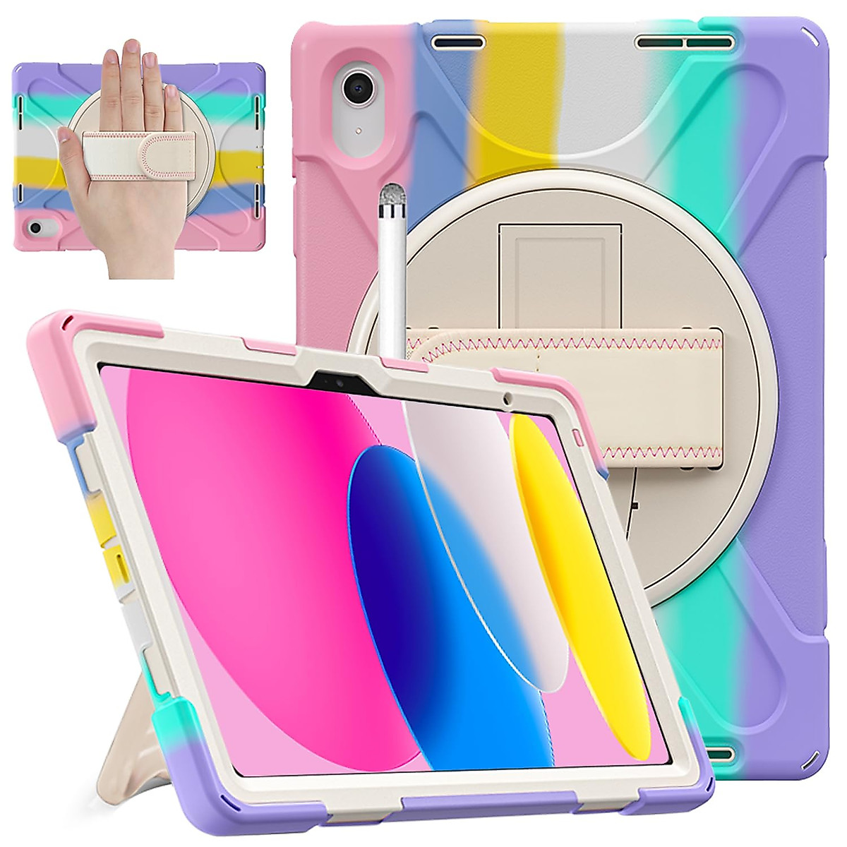 Weuiean Case for iPad 10th Generation 10.9” with Stylus, Military Grade Heavy Duty Shockproof Cover -Pencil Holder -Rotating Stand -Hand/Shoulder Strap - Colorful Pink