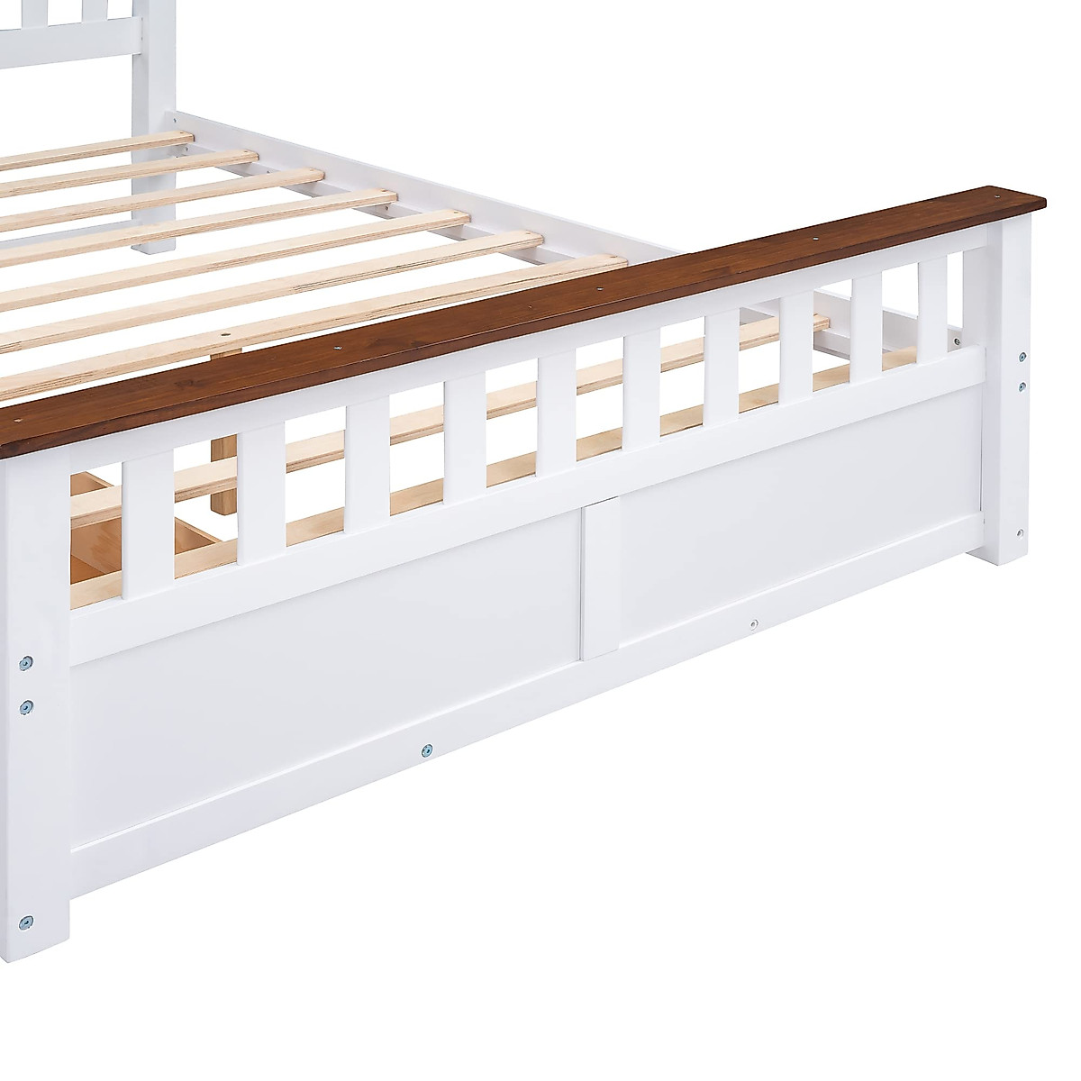 FANYE Queen Size Soild Wood Platform Bed Wooden Bedframe with Two Storage Drawers and Wood Slat Support, White+Walnut