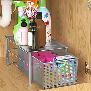 DecoBros Mesh Cabinet Basket Organizer with Split Card, Silver (Large - 10 x 15.8 x 7.5)