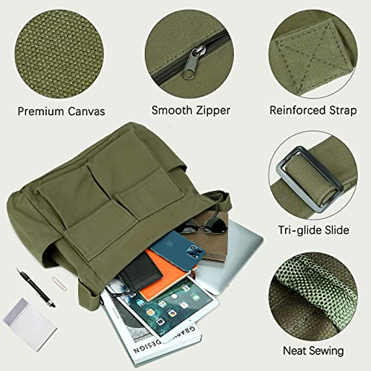 Canvas Shoulder Bag Large Hobo Crossbody Bag with Multiple Pockets Canvas Messenger Tote Bag for Women and Men