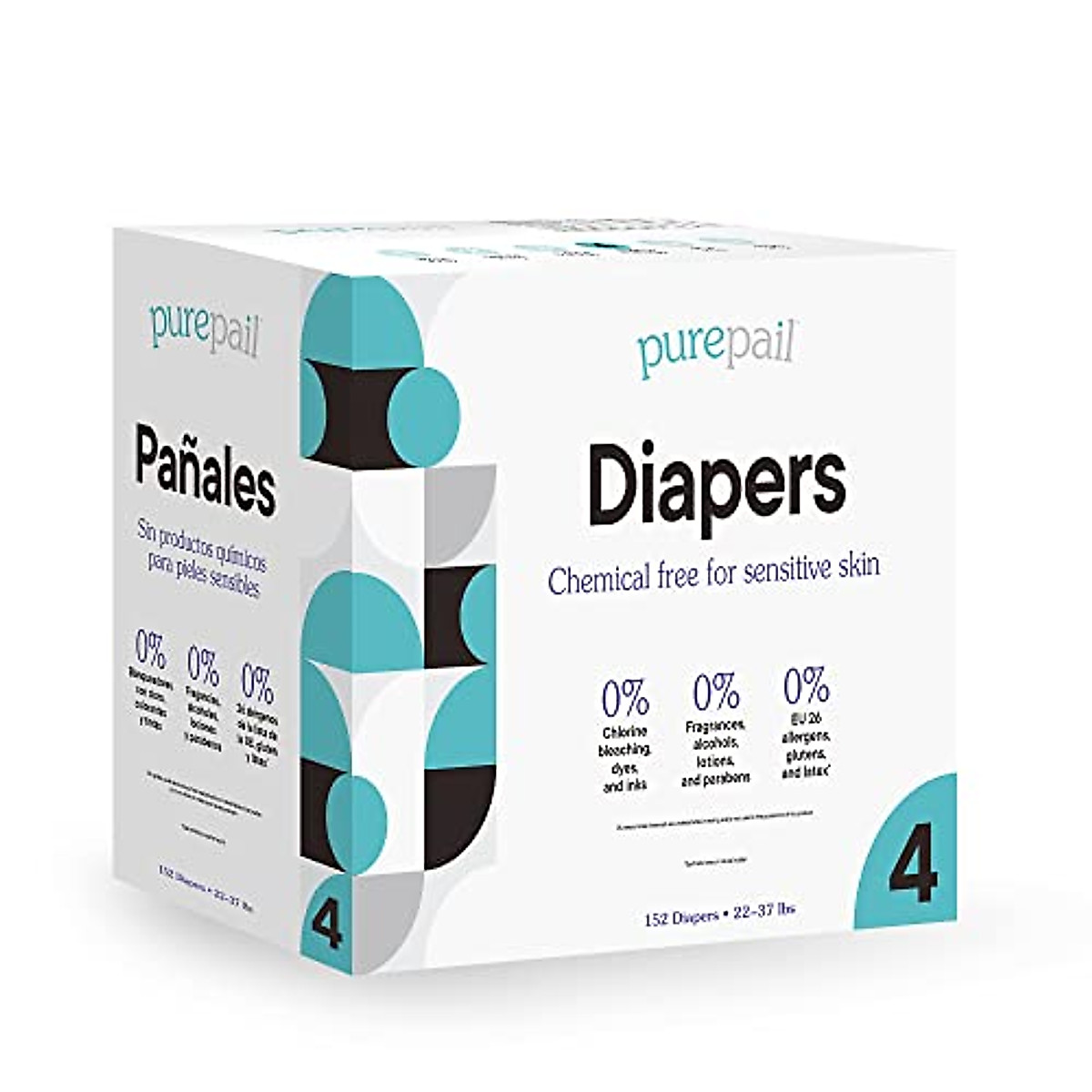 PurePail Disposable Diapers — Size 4 — 22-37 lbs — Chemical Free for Sensitive Skin — Unscented — Just Pure Fit — 152 Count