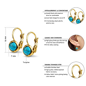 555Jewelry Womens Stainless Steel Stone Marble Round Circle Vintage Genuine Delicate Cut Classic Leverback Findings Finish Fashion Accessories Jewelry Earring, Yellow Gold & Turquoise