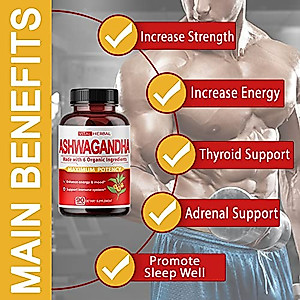 Organic Ashwagandha Capsules Equivalent to 7050mg - Maximum Potency with L-Theanine Turmeric Rhodiola St. John's Wort Increase Strength Focus Mood Sleep Support - 90 Days Supply