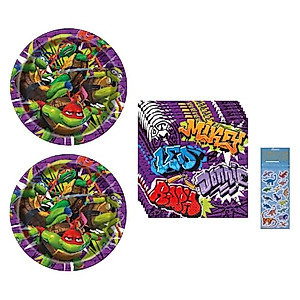 TMNT Teenage Mutant Ninja Turtles Birthday Party Supplies Bundle includes 16 Lunch Paper Plates, 16 Lunch Paper Napkins, 1 Dinosaur Sticker Sheet