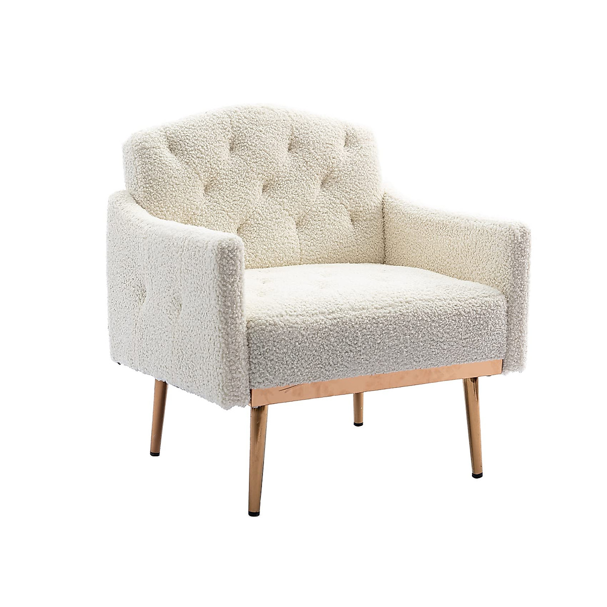 Olela Modern Accent Chair with Arms, Tufted Decorative Single Sofa Fabric Armchair with Gold Metal Legs, Upholstered Reading Chair for Living Room Bedroom Office (White - Fabric)