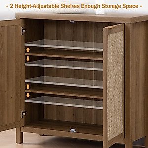 SICOTAS Sideboard Buffets Storage Cabinet - Boho Large Coffee Bar Cabinet with Rattan Decorated Door - Farmhouse Chest Credenza - Wood Cupboard Console Table for Kitchen Dining Room - Oak