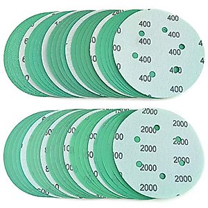 50PCS 6 Inch 6 Hole Wet Dry Sanding Discs Hook and Loop Assortment Grit 60 120 150 240 400 600 800 1000 1500 2000(5 of each) Green Film Dustless Sander Sandpaper for Metal Car Boat Polishing Finishing