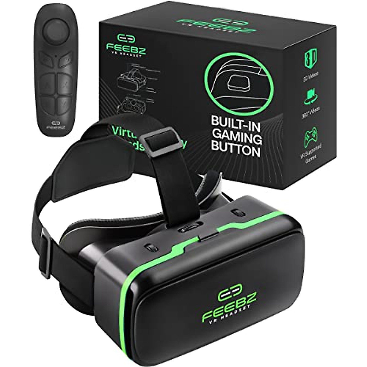 Virtual Reality Headset for Kids - for Android | Includes Built-in Button + Remote Controller for Android | VR Goggles Set for Phones 4.5"-6.5" - Green