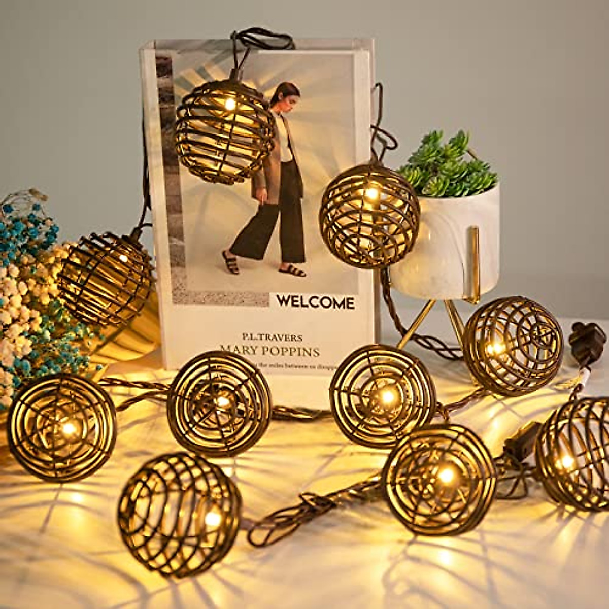 Vigdur Decorative - Rattan Ball String Lights with 10 Led Bulbs Plug in Rattan Lantern String Lights for Patio Garden Backyard Party Decor,9.84FT