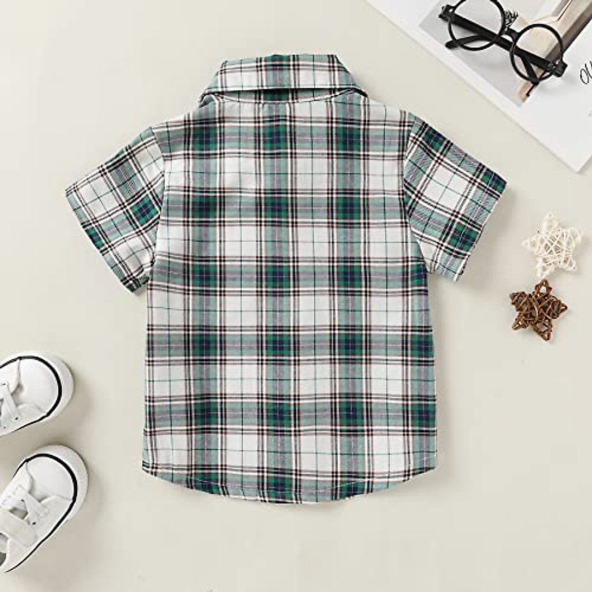 Toddler Baby Boys Clothes Short Sleeve Button Down Shirt Buffalo Plaid Blouse Top Summer Outfits(Green Check Plaid,12-18 Months)