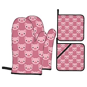 Pink Pig Oven Mitts and Pot Holders Set of 4 Washable Heat Resistant Kitchen Gloves Waterproof Oven Gloves and Hot Pads for Cooking Grilling BBQ Baking