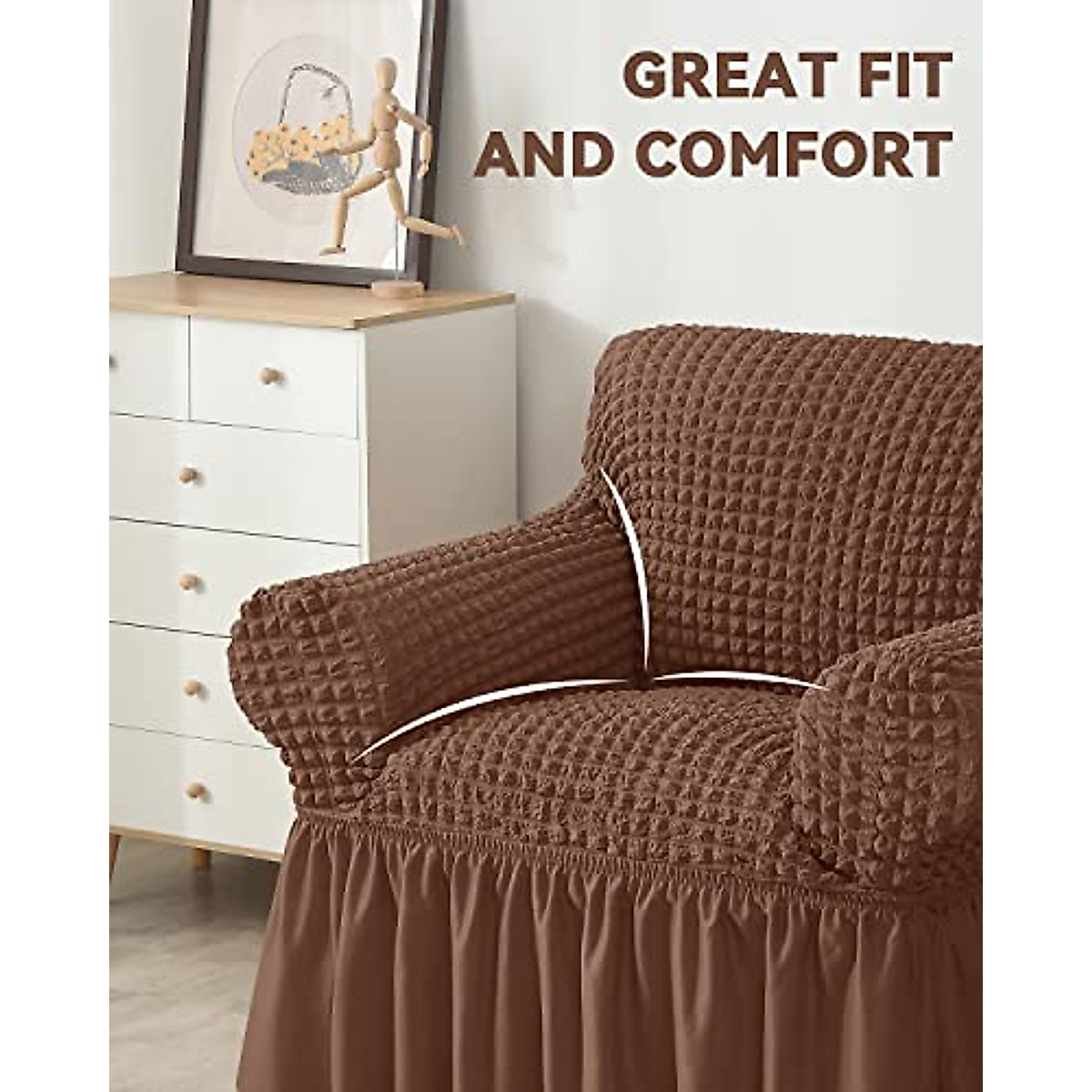 BLUESURGE Armchair Slipcover 1 Piece Couch Sofa Cover with Skirt, Durable Washable High Elastic Stretchable, Easy Fit Universal Furniture Protector (1 Seater, Brown)