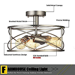 Capslpad Industrial Semi-Flush Mount Ceiling Light Vintage Close to Ceiling Lamp 3-Light Farmhouse Retro Metal Cage Ceiling Light Fixture for Bedroom Kitchen Foyer Hallway (Brushed Nickel)