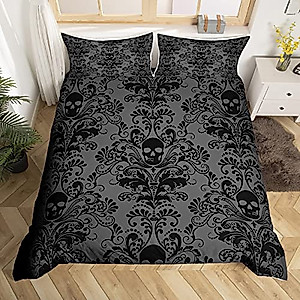 Adults Black Damask Bedding Set Antique Victorian Baroque Duvet Cover King Size Gothic Vintage Floral Comforter Cover Exotic Sugar Skull Quilt Cover King,Gothic Bone Skeleton Bohemian Decor,Grey