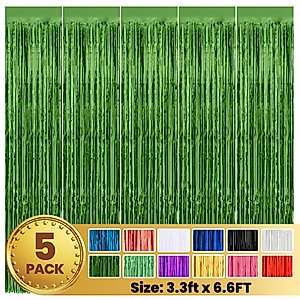 PABUES 5 Pack 3.3 x 6.6 FT Green Foil Fringe Backdrop Curtain, Streamer Backdrop Curtains, Streamers Birthday Party Decorations, Fringe Backdrop for Graduation, Baby Shower, Gender Reveal