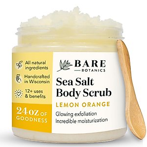 Bare Botanics Lemon Orange Body Scrub 24oz | Made in Madison, WI | All Natural Sea Salt Exfoliator w/ Skin Loving Moisturizers | Vegan & Cruelty Free | Gift Ready Packaging w/ a Cute Wooden Spoon