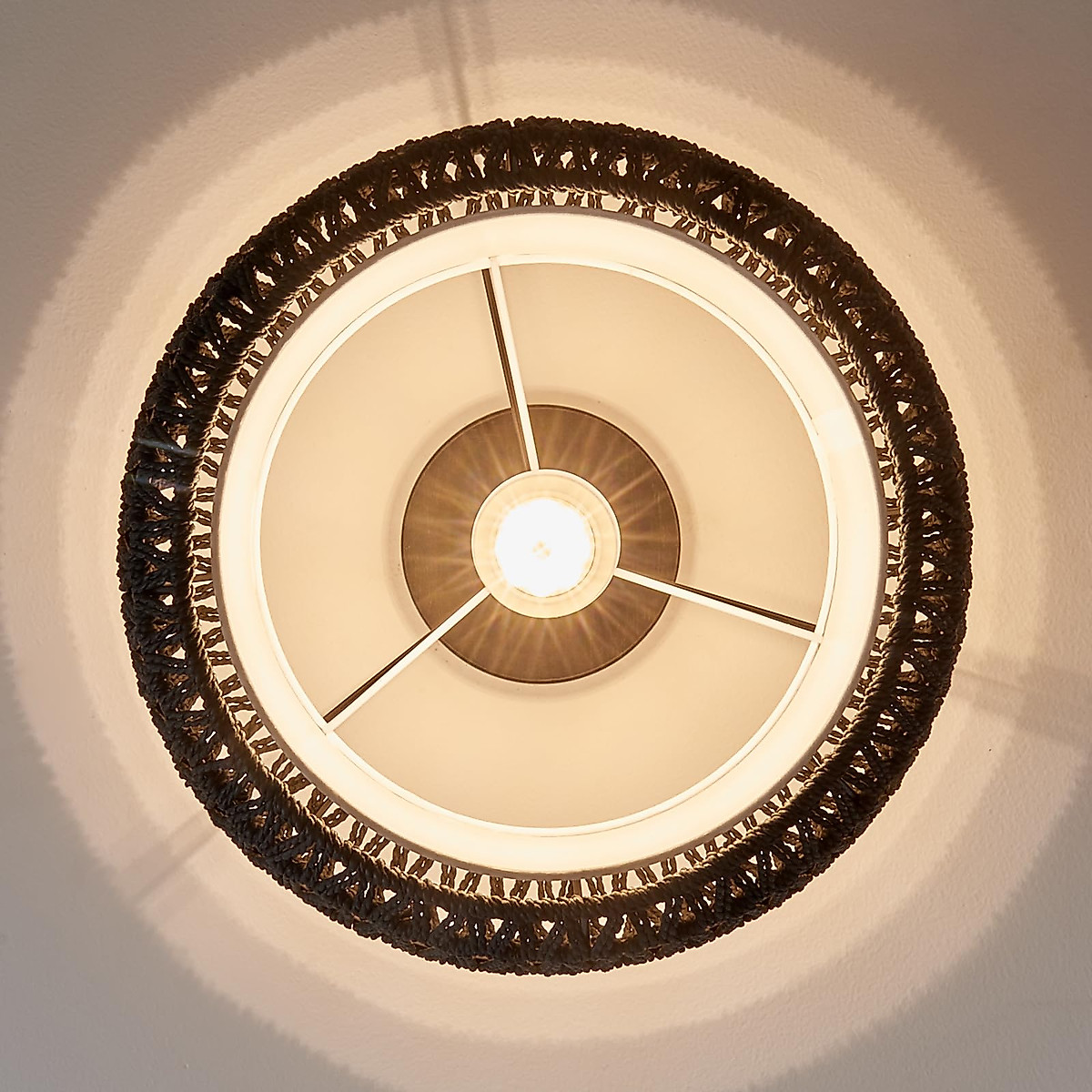 Rattan Ceiling Light Fixtures, Hand-woven Boho Flush Mount Ceiling Light, Handmade Rattan Light Fixtures Ceiling Mount with Fabric Shade, Farmhouse Light Fixture for Bedroom Hallway Entryway (Black)