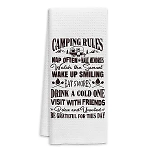 Camping Rules Camping Themed Kitchen Towels Dish Towels Hand Towels,Camping Kitchen Towels Dishcloths For Campers RV Trailer,Camping Gifts For Women Men Kids Camper Dad Her Him,Camping Lovers Gifts