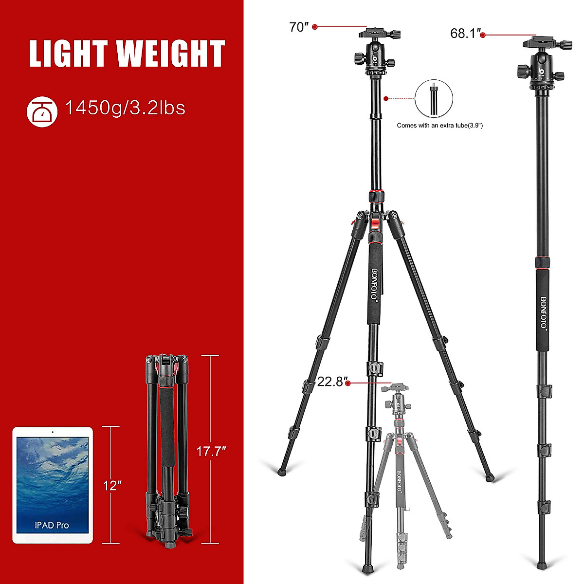 70 Inch Tripod for Camera,Stable Aluminum Travel Tripod, Photography Tripod with 360 Degree Ball Head and Carry Bag, Camera Stand for Ring Light & Canon Nikon Sony DSLR