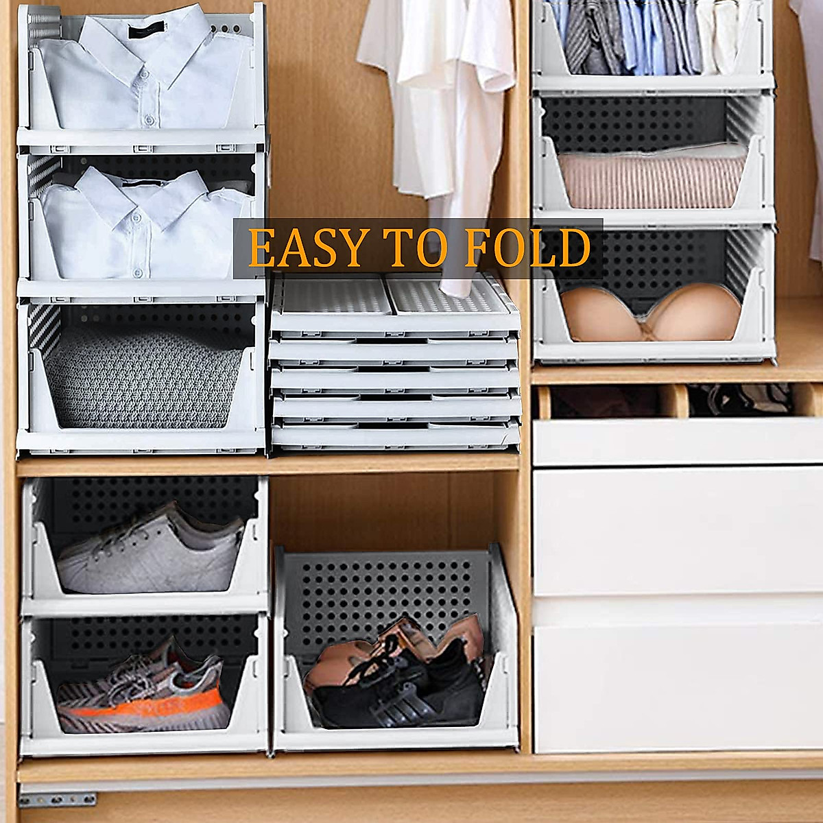 Hotwheel Stackable Plastic Storage Basket, Bins Set of 4, Foldable Closet Bins, Organizers and, natural