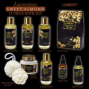 Valentines Gift Basket, Bath and Body Gift Basket For Women and Men – Sweet Almond Home Spa Set with Fragrant Body Lotions, Bath Bombs, Gold Candy Dish & Much More - 11 Piece Set, Care Package for Mom
