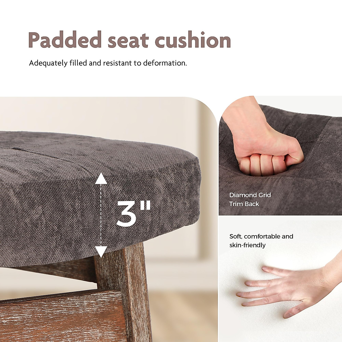 ALPHA HOME Bar Stools Set of 2, Solid Wood Saddle Kitchen Stools with Grey Linen Fabric Cushion Counter Height Barstools, 24 Inch, Grey, 2PCS