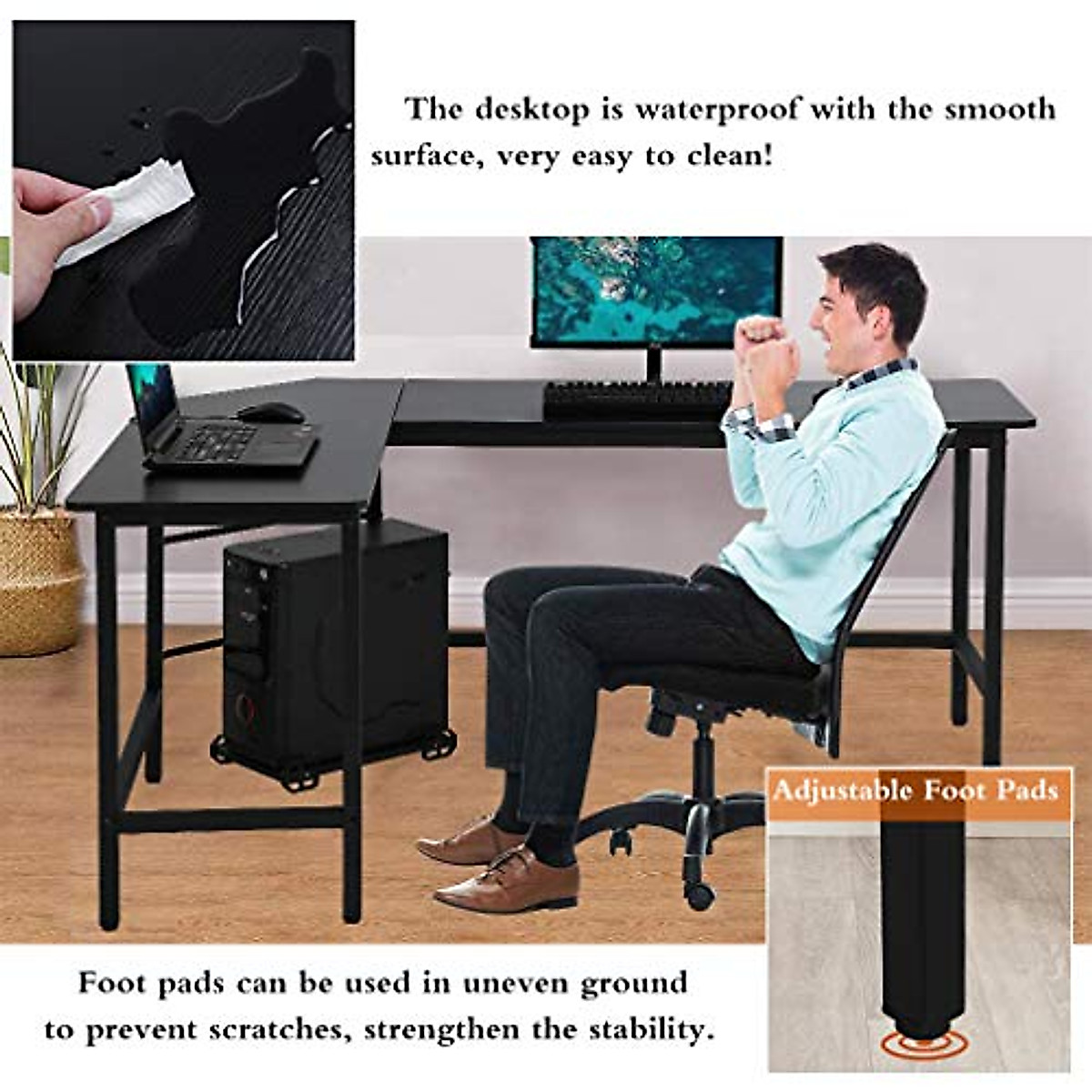 Computer Desk Modern L Shaped Desk, L Corner Desk Gaming Desk PC Laptop Study Wood Table Workstation,Home Office Save Space Study Writing Table with CPU Stand and 15mm MDF,66 Inch,Wood & Metal (Black)