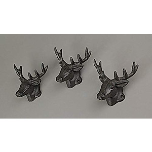 Zeckos Set of 3 Rustic Brown Cast Iron Deer Head Decorative Wall Hooks Lodge Décor 4.25 Inches Long