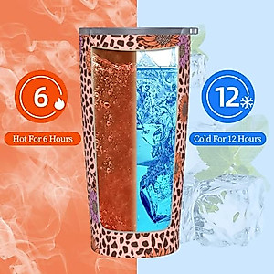 20oz Tumbler Summer Flower Leopard Print Double Wall Vacuum Insulated Coffee Mug with Lid and Metal Straw Brush Reusable Stainless Steel Water Bottle Travel Cup Gifts for Car Ice Drinks Hot Beverage