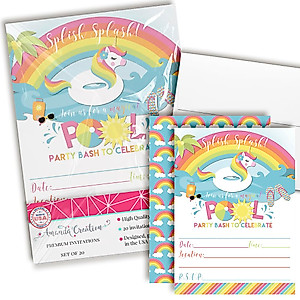 Unicorn Pool Float Rainbow Birthday Party Invitations, 20 5x7 Fill In Cards with Twenty White Envelopes by AmandaCreation