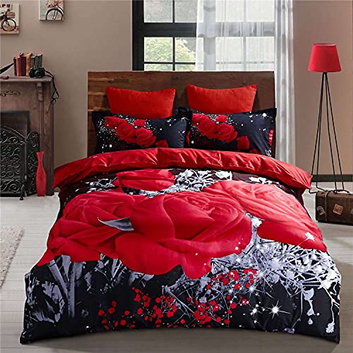 Labstandard Red Duvet Cover Set Queen, 3D Printed Rose Bedding Soft Comforter and Breathable Quilt Cover(1 Duvet Cover, 2 Pillowcases, Zipper Closure)