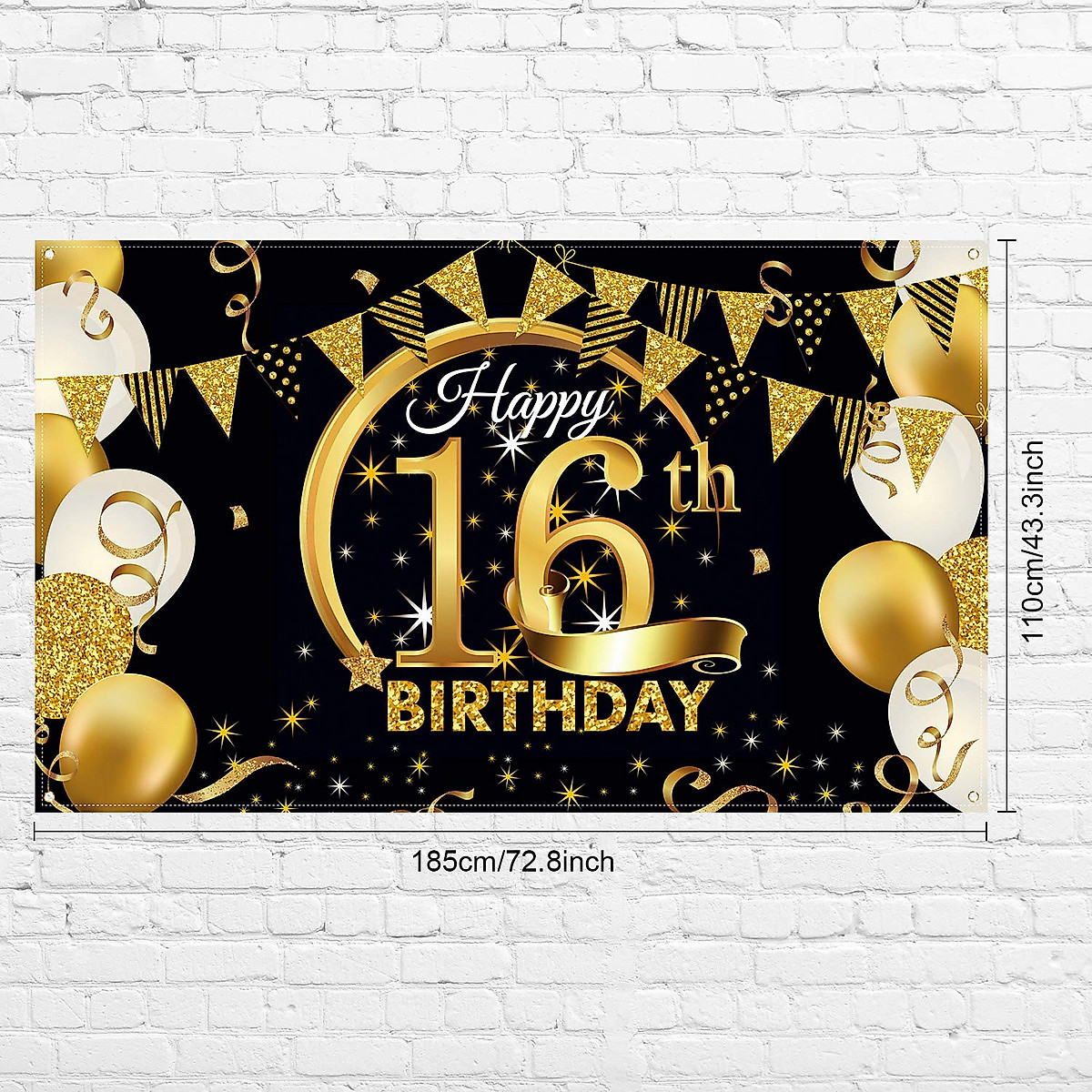 Blulu Birthday Party Decoration Extra Large Fabric Black Gold Sign Poster for Anniversary Photo Booth Backdrop Background Banner, Birthday Party Supplies, 72.8 x 43.3 Inch (16th)