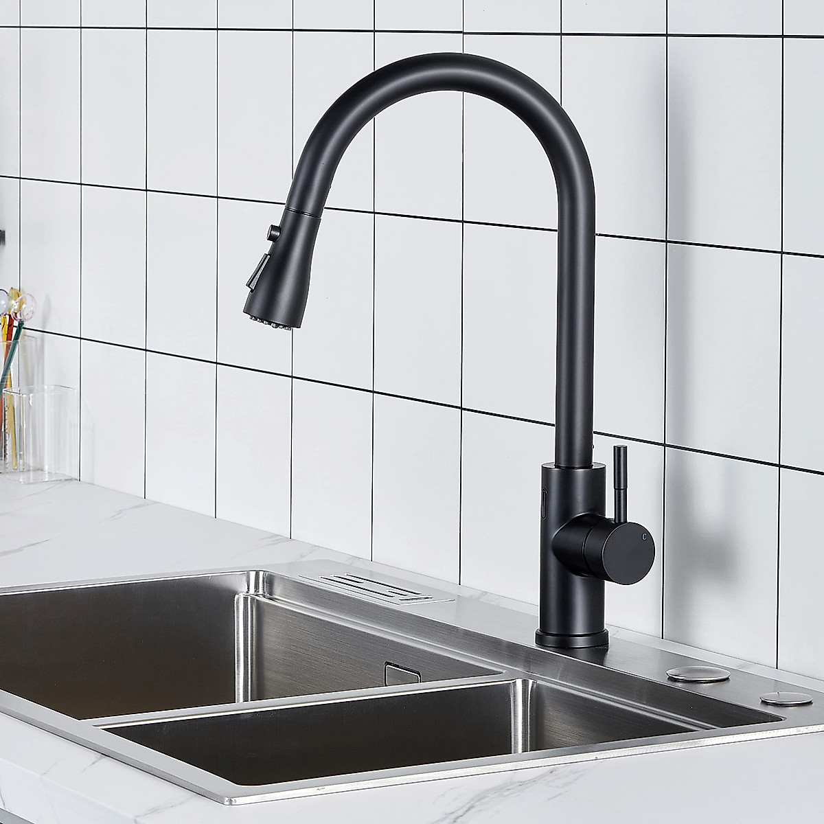 Gangang Touchless Kitchen Faucet with Pull Out Sprayer, Matte Black High Arc Single Handle Single Hole Commercial Kitchen Sink Faucet