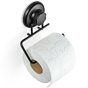 HASKO accessories - Powerful Vacuum Suction Cup Toilet Paper Holder – Wall Mount No Drilling Bathroom Stainless Steel Tissue Roll Dispenser – Adhesive 3M Stick Disc Included (Black)